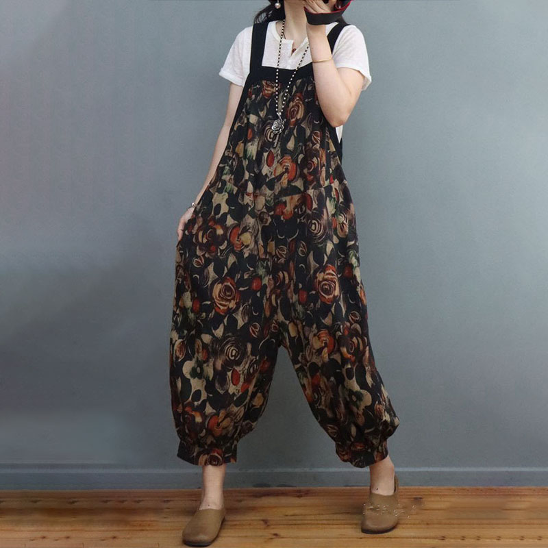 Cozy Summer Cotton Linen Overalls Rose Printed Balloon Overalls in ...