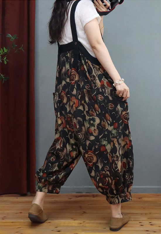 Cozy Summer Cotton Linen Overalls Rose Printed Balloon Overalls in ...