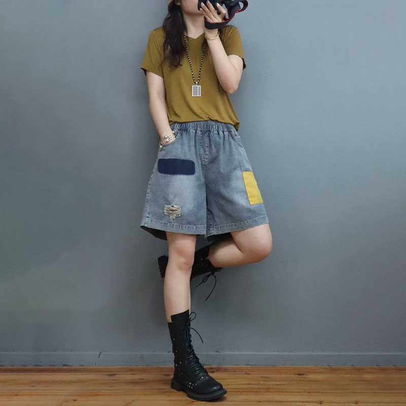 Colorful Patchwork Wide Leg Shorts Womens Ripped Jorts in Blue One Size ...