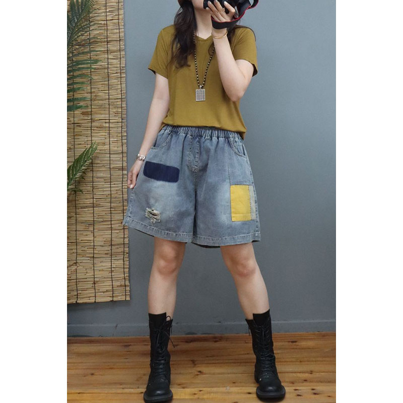 Colorful Patchwork Wide Leg Shorts Womens Ripped Jorts in Blue One Size ...