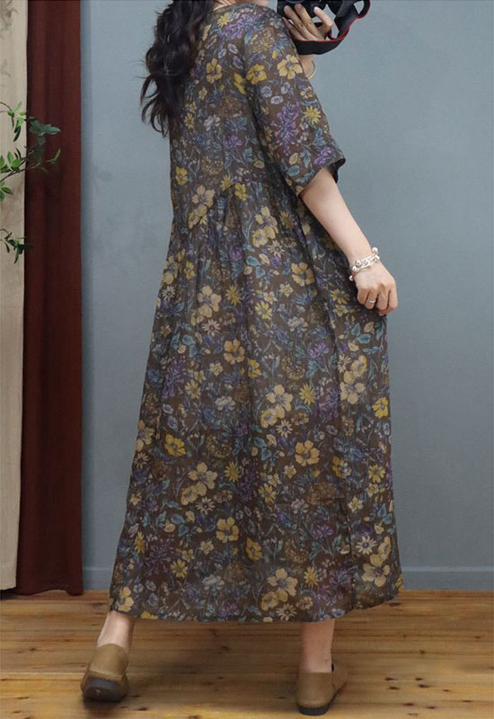 Tied Collar Ramie Midi Floral Dress Sheer Loose Maxi Dress in Blue Gray ...