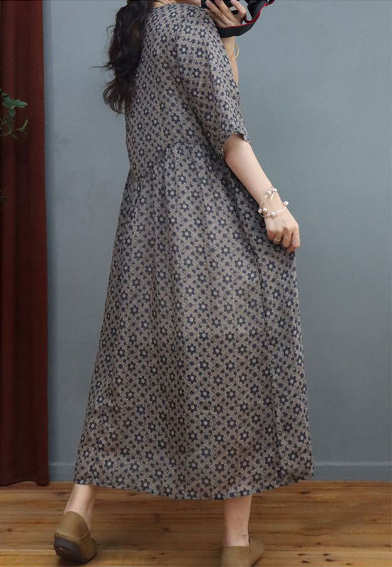 Tied Collar Ramie Midi Floral Dress Sheer Loose Maxi Dress in Blue Gray ...
