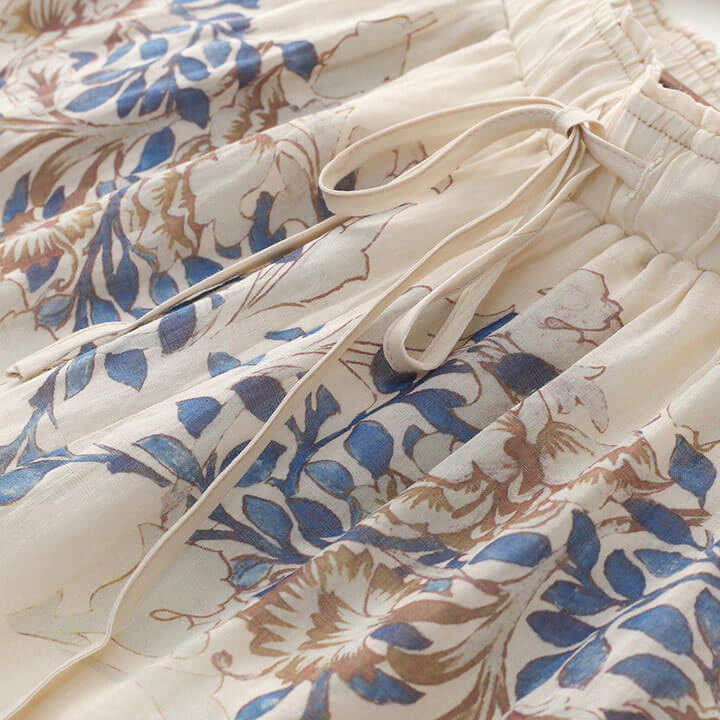 Blue Flowers Apricot Palazzo Pants Ramie Summer Beach Pants in Apricot ...