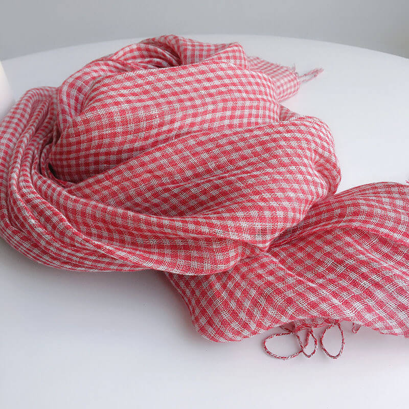 Small Plaid Red Tassel Scarf Black Checkered Linen Shawl in Black Red ...