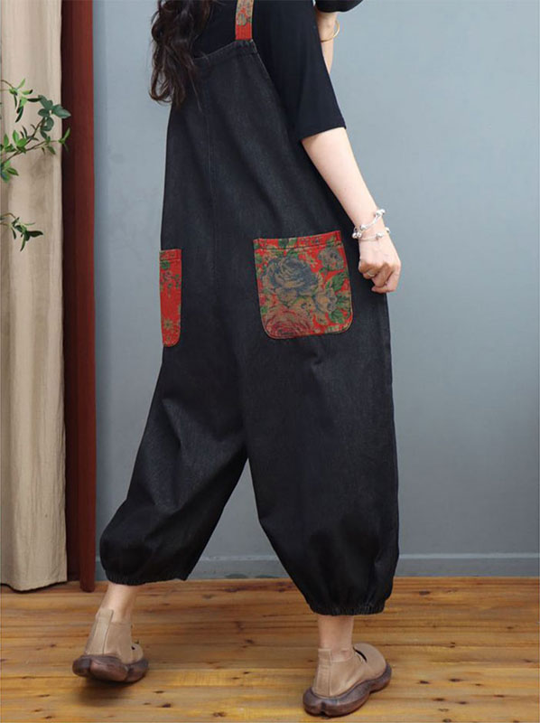 Black and Red Floral Balloon Overalls Folk Adjustable Straps Overalls ...