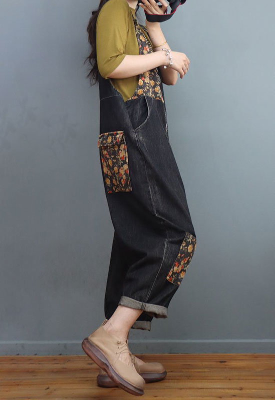 Front Zip Black Denim Overalls Floral Patchwork 90s Overalls in Black ...