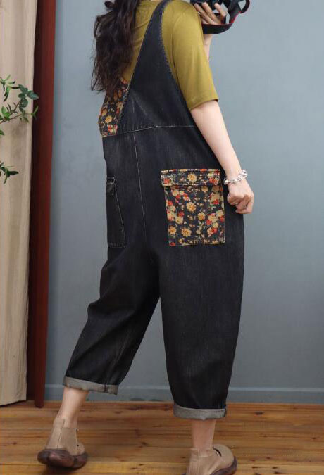 Front Zip Black Denim Overalls Floral Patchwork 90s Overalls in Black ...