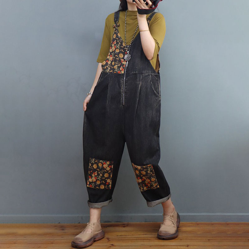 Front Zip Black Denim Overalls Floral Patchwork 90s Overalls in Black ...