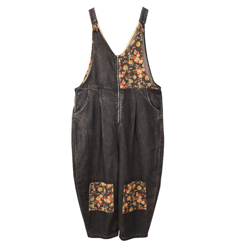 Front Zip Black Denim Overalls Floral Patchwork 90s Overalls in Black ...