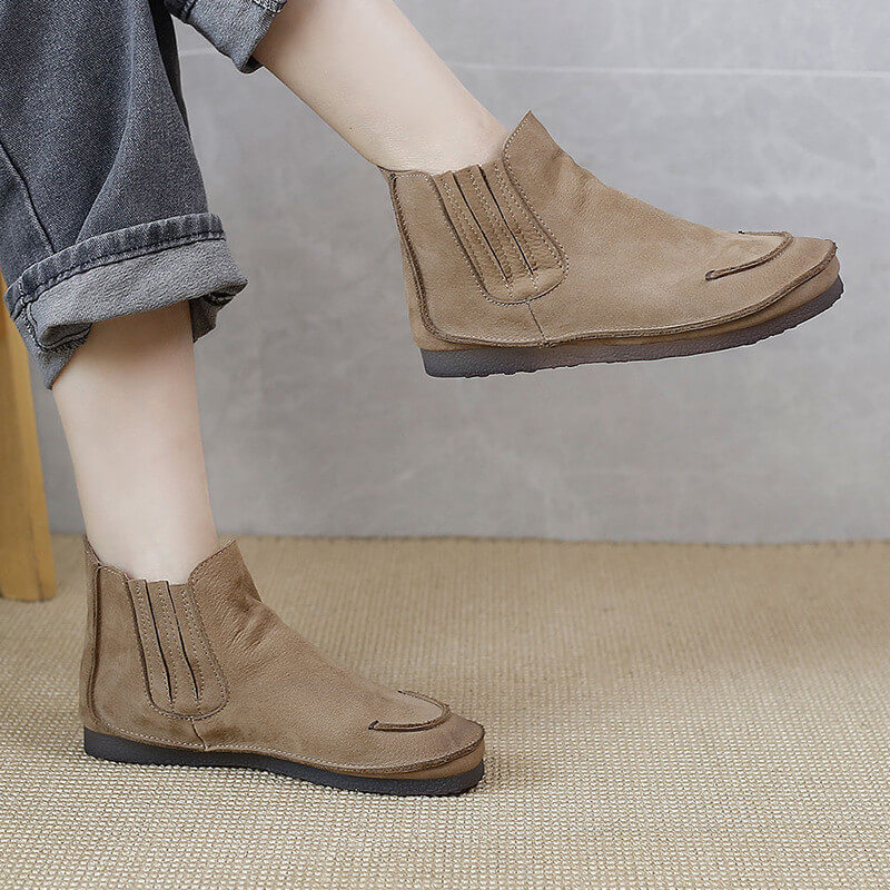 Soft Leather Flat Booties Casual Slip on Short Boots in Khaki 35 36 37 ...