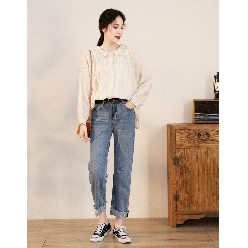 Lace Hem Oversized Peasant Blouse Apricot Linen Shirt in Apricot One ...