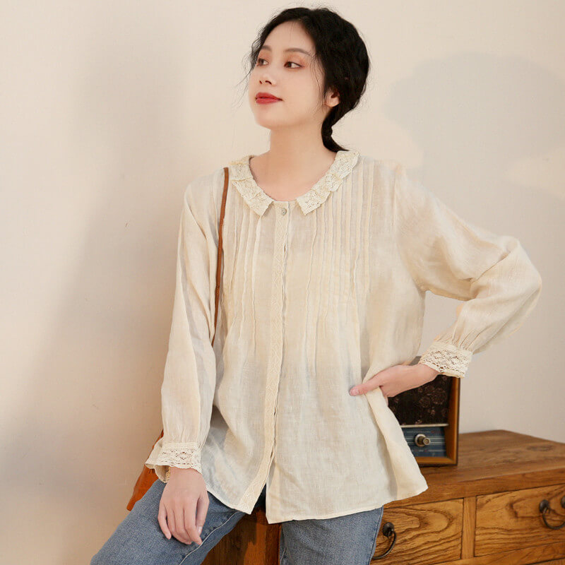 Lace Hem Oversized Peasant Blouse Apricot Linen Shirt in Apricot One ...