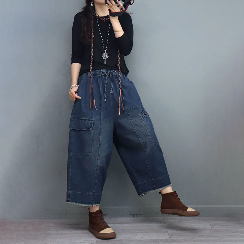Side Pockets 90s Fringed Jeans Casual Baggy Jeans for Women in Black ...