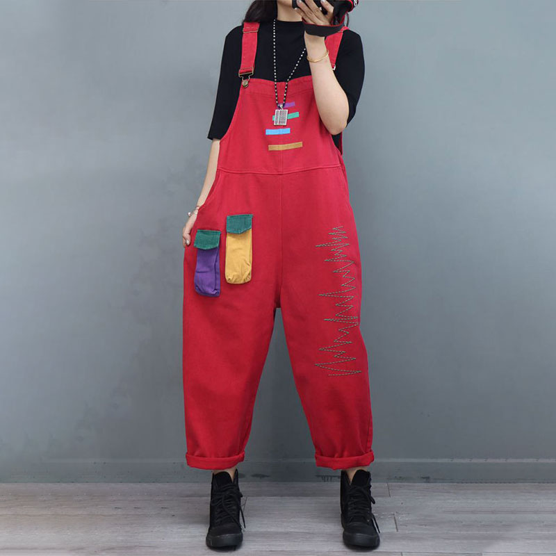 Colorful Pockets Adjustable Straps Overalls Embroidery 90s Overalls in ...