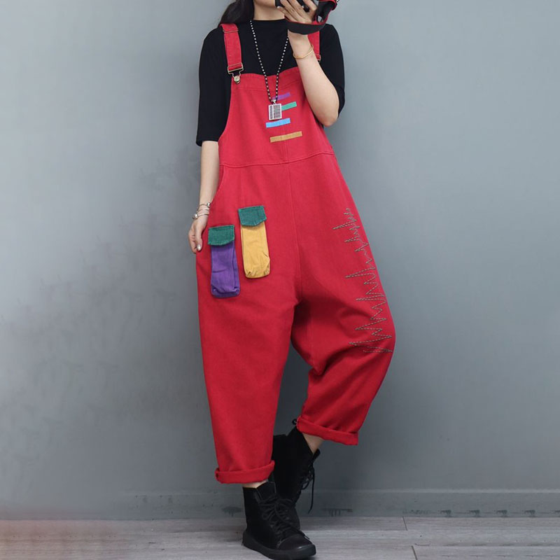 Colorful Pockets Adjustable Straps Overalls Embroidery 90s Overalls in ...