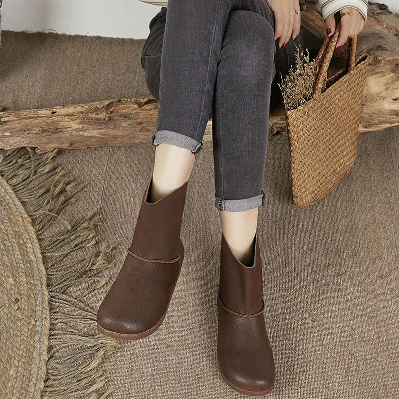 Soft Leather Fur Lining Boots Flat Buskin Boots for Women in Dark ...