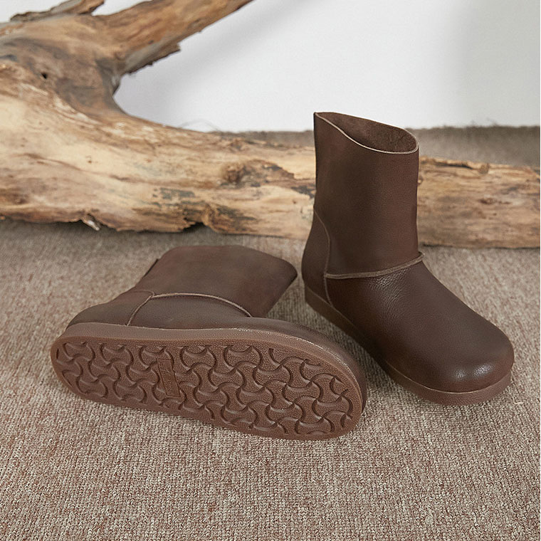 Soft Leather Fur Lining Boots Flat Buskin Boots for Women in Dark ...