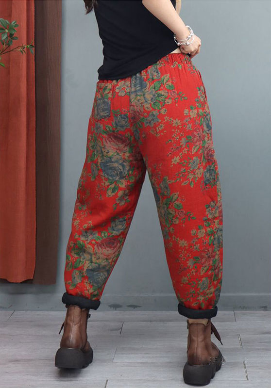 Chinese Folk Red Floral Pants Cotton Linen Quilted Trousers in Red One ...