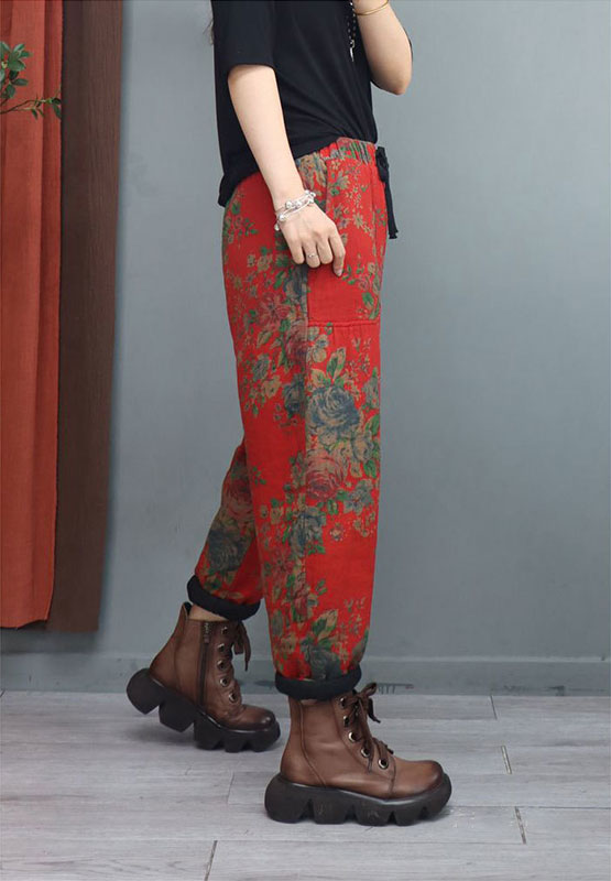 Chinese Folk Red Floral Pants Cotton Linen Quilted Trousers in Red One ...