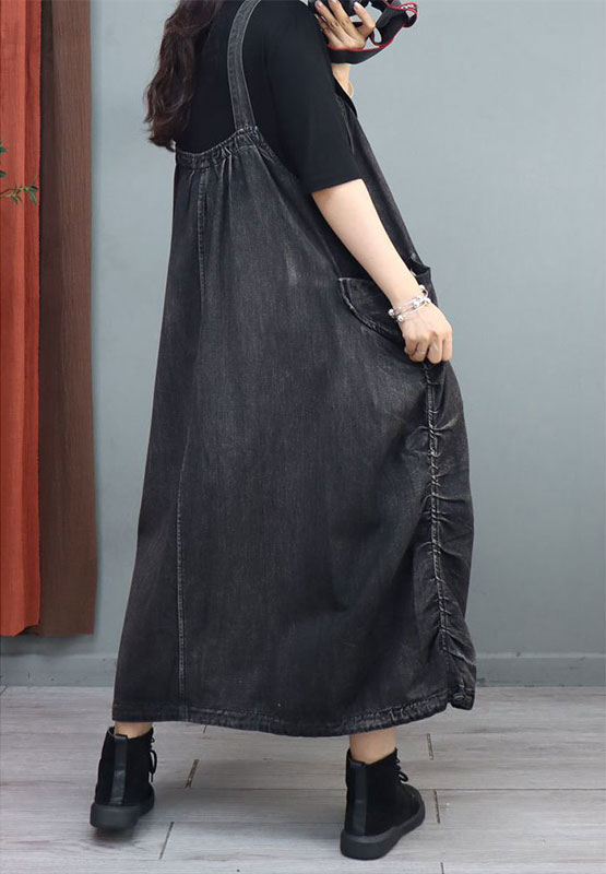 Side Belted Plus Size Overall Dress Pleated Denim Dress in Blue Black ...