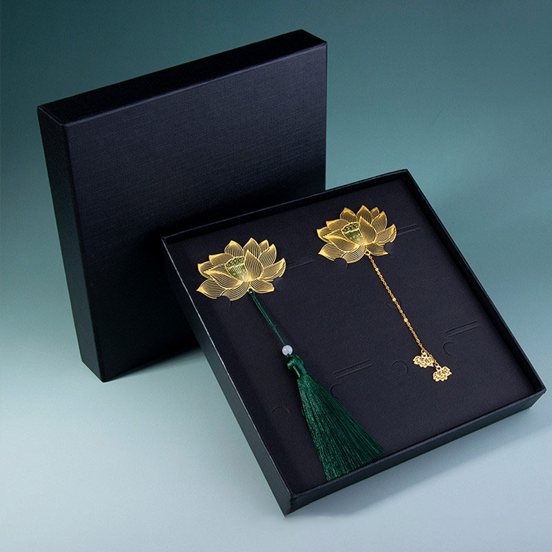 Tassel and Pendant Metallic Lotus Bookmark Sets in Dark Green ...