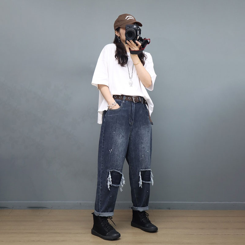 Street Chic Dotted Jeans High Rise Ripped Jeans for Women in Dark Blue Blue S M L - Morimiss.com