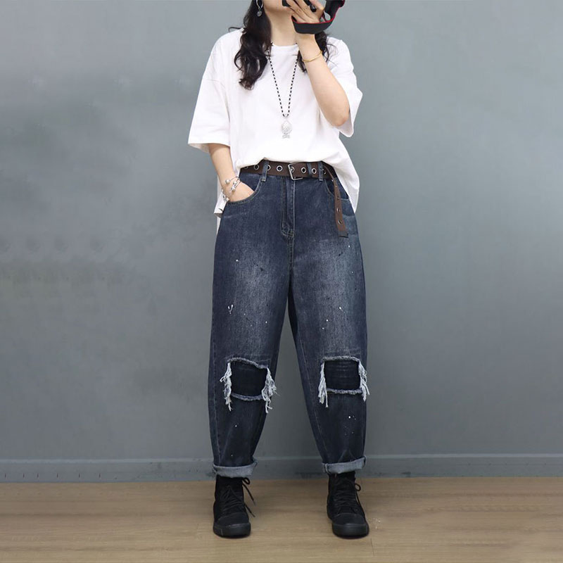 Street Chic Dotted Jeans High Rise Ripped Jeans for Women in Dark Blue Blue S M L - Morimiss.com