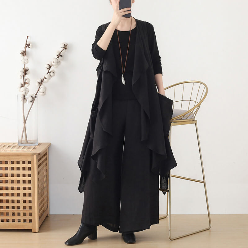 Asymmetrical Linen Beach Waterfall Vest with Linen Wide Leg Pants in ...