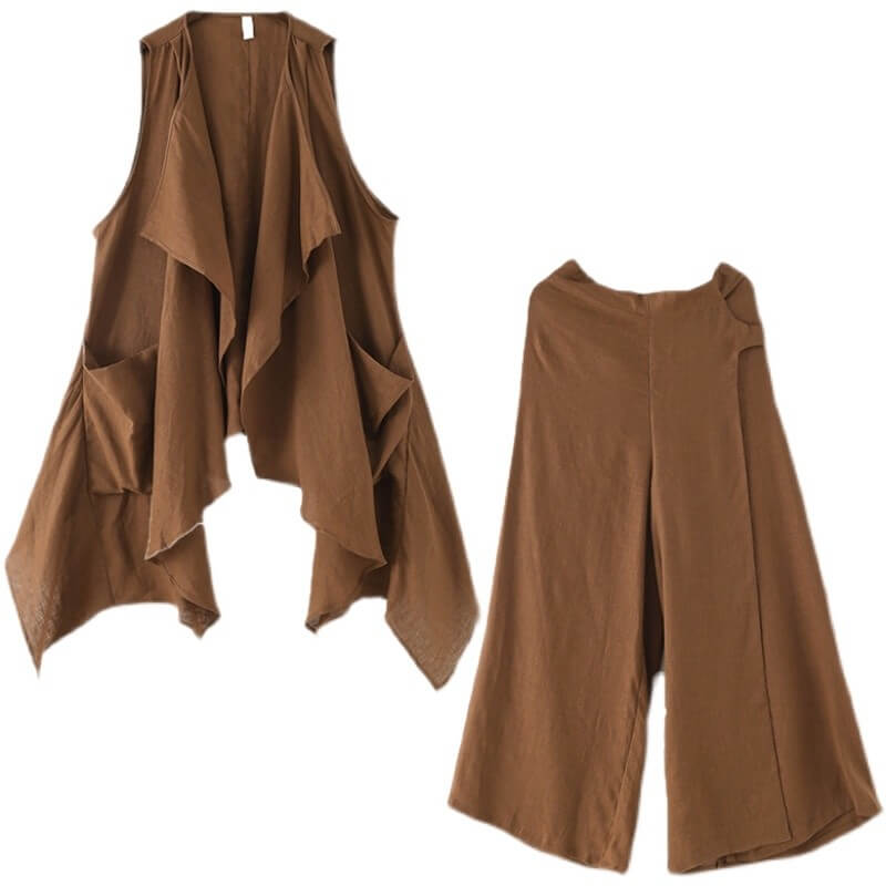 Asymmetrical Linen Beach Waterfall Vest with Linen Wide Leg Pants in ...