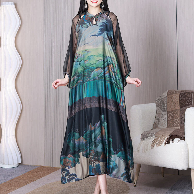 Hollow Out Painted Chinese Cheongsam Sheer Sleeves Modern Dress in Blue ...