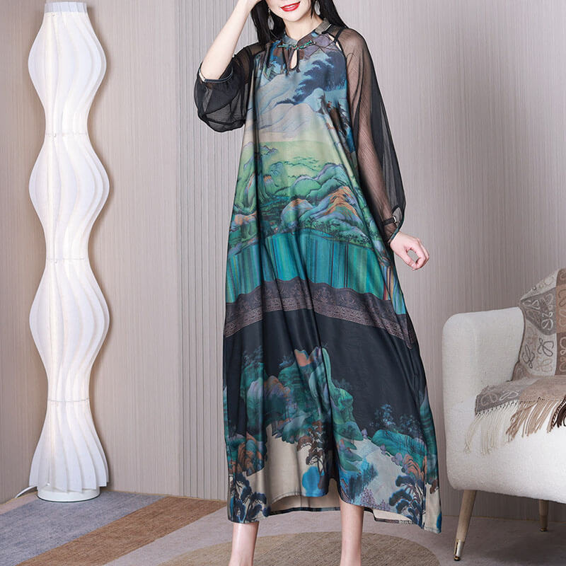 Hollow Out Painted Chinese Cheongsam Sheer Sleeves Modern Dress in Blue ...