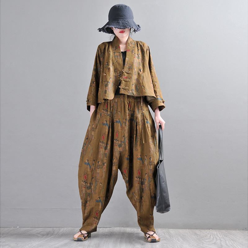 Character Painted Chinese Jacket Frog Button Designer Flax Clothing in ...