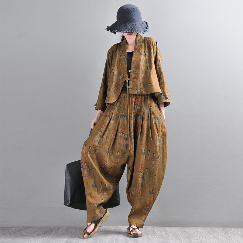 Character Painted Chinese Jacket Frog Button Designer Flax Clothing in ...