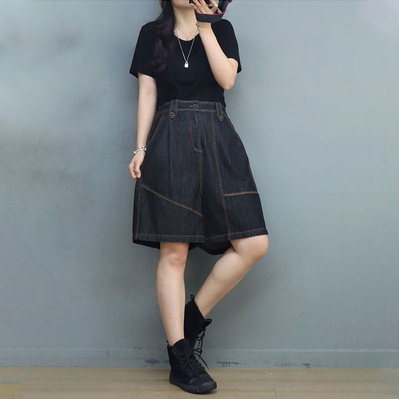 Wide Leg High Rise Jorts A-Line Denim Shorts in Blue Black One Size ...