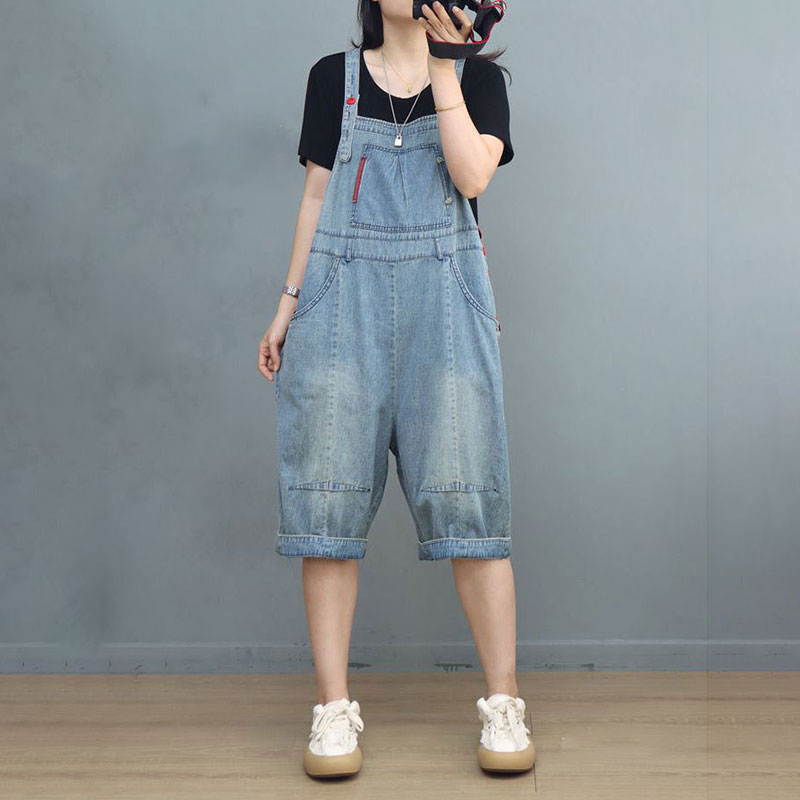 Preppy Style Light Wash Overalls Casual Cropped Bib Overalls in Light ...