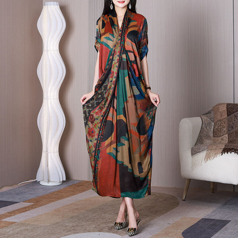 Abstract Patterned Front Cross Dress Silk Maxi Wrap Dress in Print One ...
