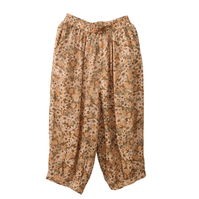 Hawaii Style Floral Ankle Pants Ramie Straight Leg Trousers in Mustard ...