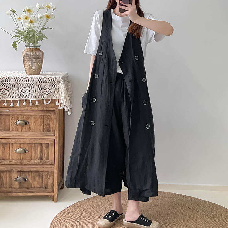 Chunky Linen Long Vest Double-Breasted Waistcoat for Women in Beige ...