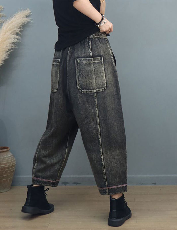Relax-Fit Drawstring Waist Jeans Stone Wash 90s Jeans in Blue Black One ...