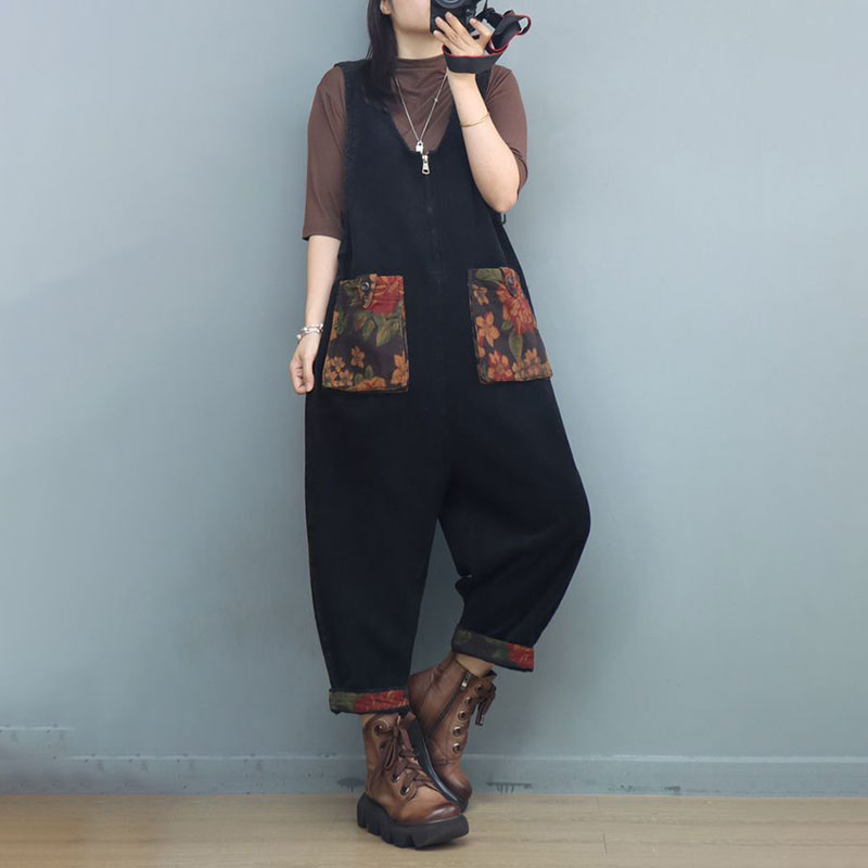 Printed Pockets Front Zip Corduroy Sleeveless Overalls in Red One Size ...