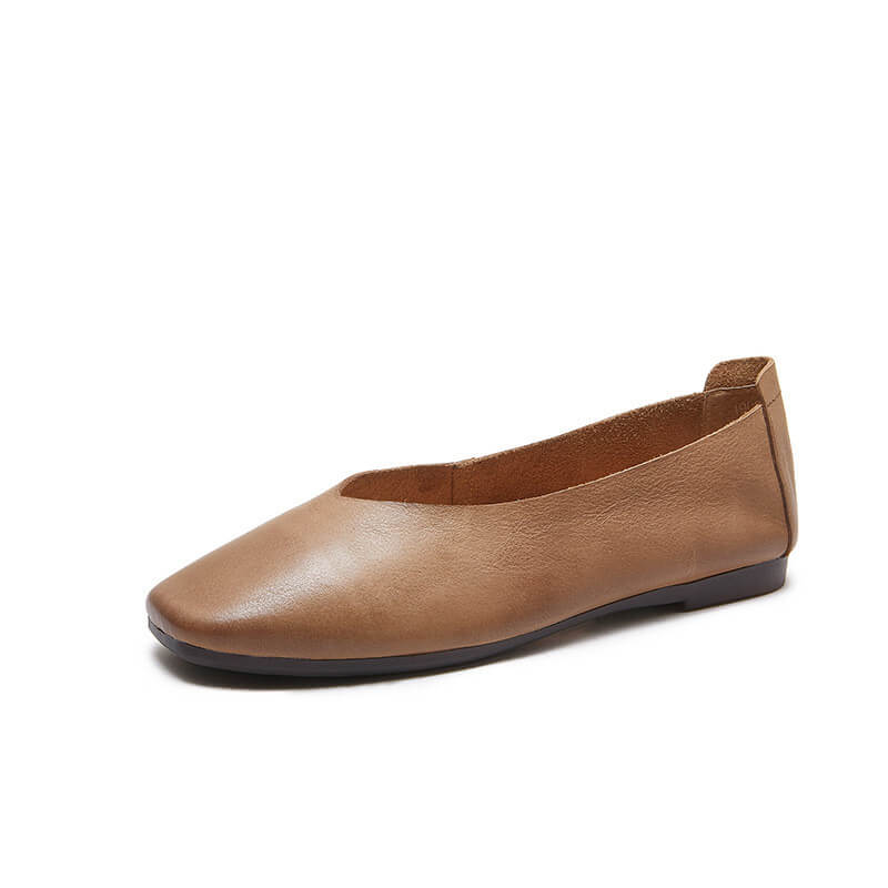 Square Toe Casual Leather Office Flats in Red Camel 35 36 37 38 39 40 ...