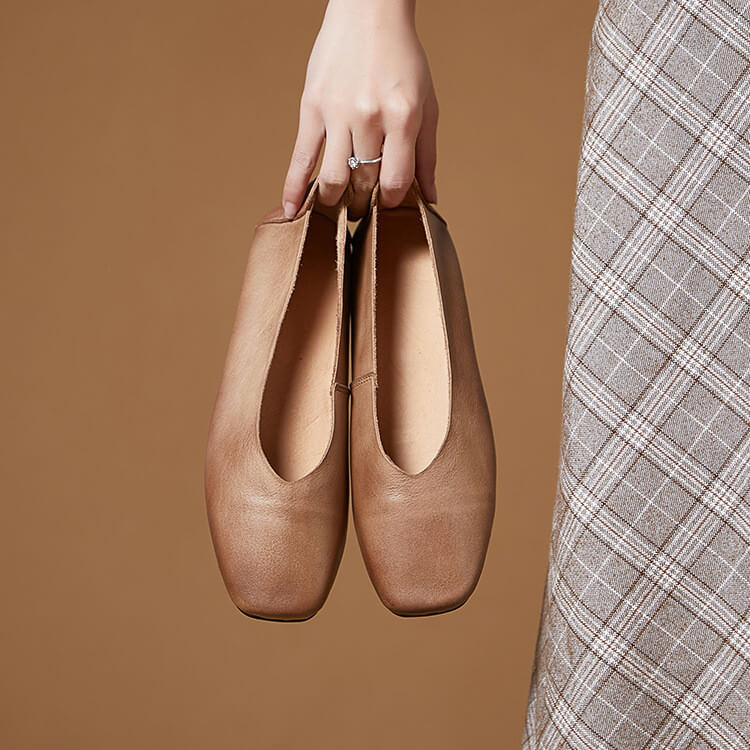 Square Toe Casual Leather Office Flats in Red Camel 35 36 37 38 39 40 ...