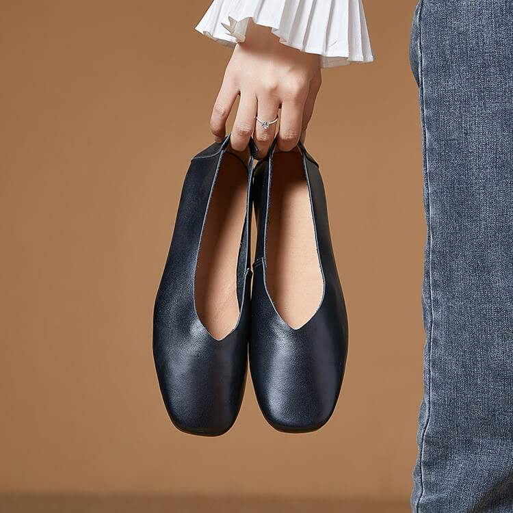 Square Toe Casual Leather Office Flats in Red Camel 35 36 37 38 39 40 ...