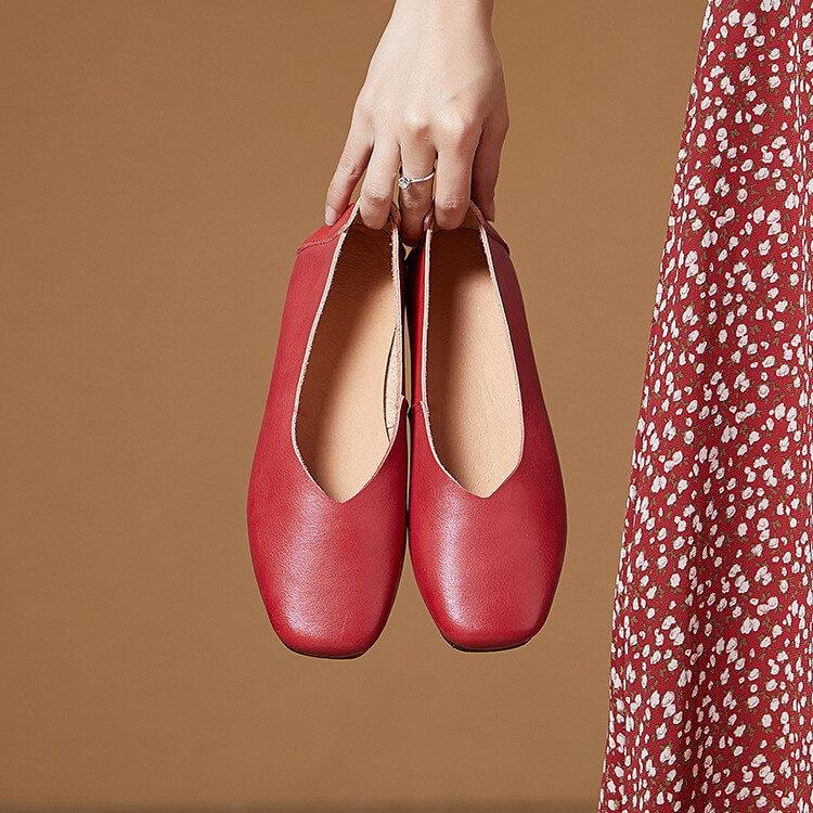 Square Toe Casual Leather Office Flats in Red Camel 35 36 37 38 39 40 ...