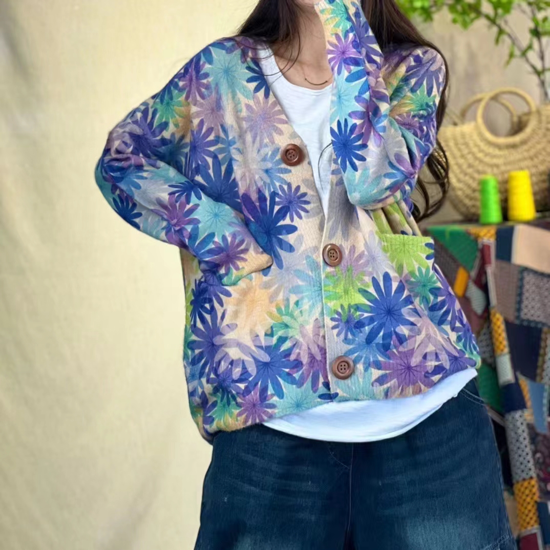 Soft Printed Short Cardigan Button Fly Sweater Cardigan in Print #3 #2 ...