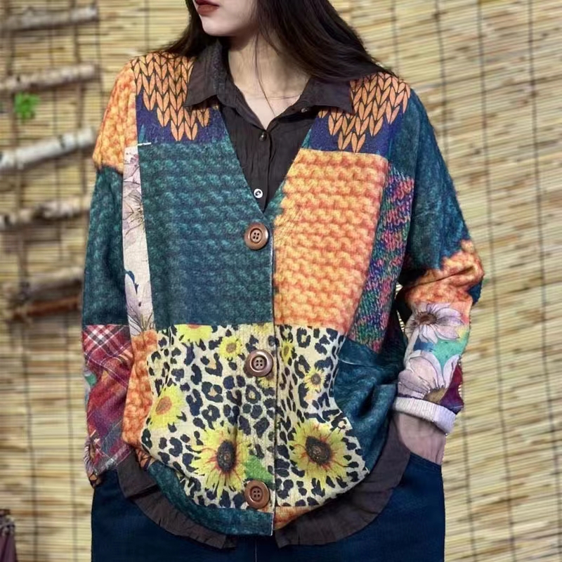 Soft Printed Short Cardigan Button Fly Sweater Cardigan in Print #3 #2 ...