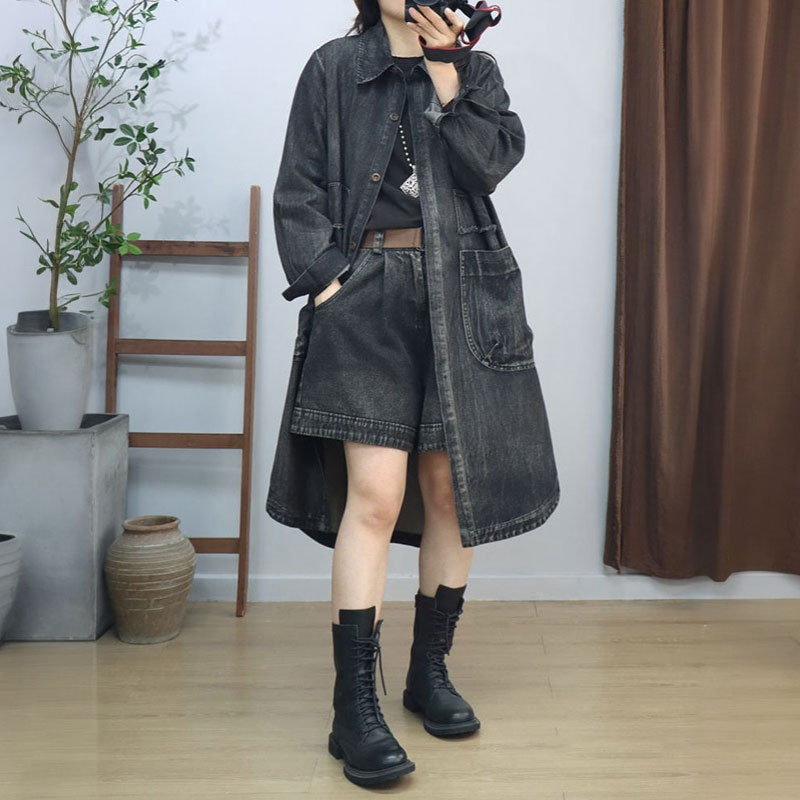 Front Big Pocket Polo Neck Denim Long Shacket in Black Denim Blue One ...