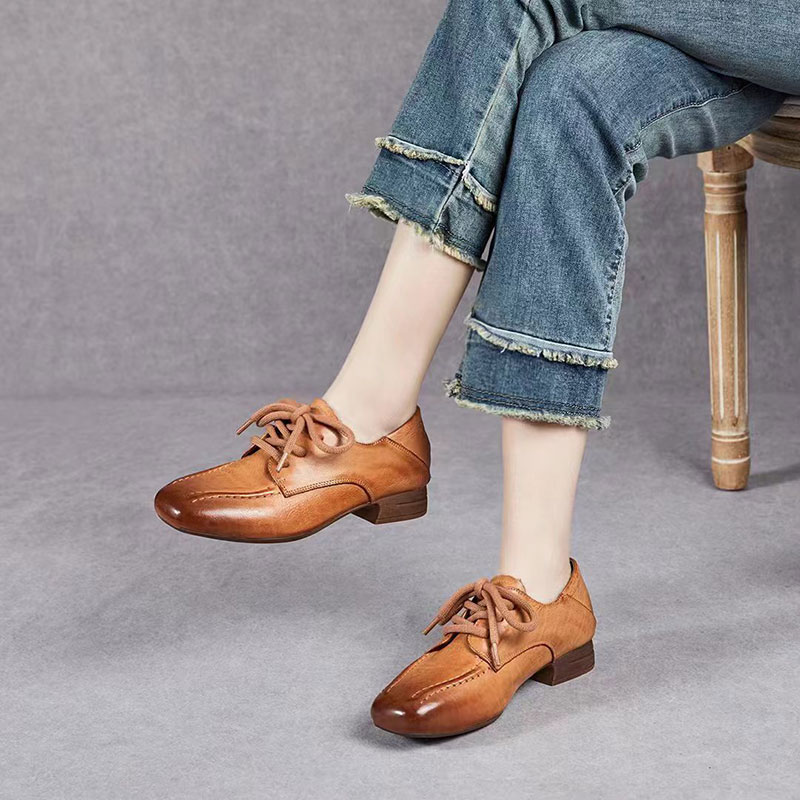 Square Toe Calf Leather Tied Preppy Loafers in Dark Coffee Bronze 35 36 ...