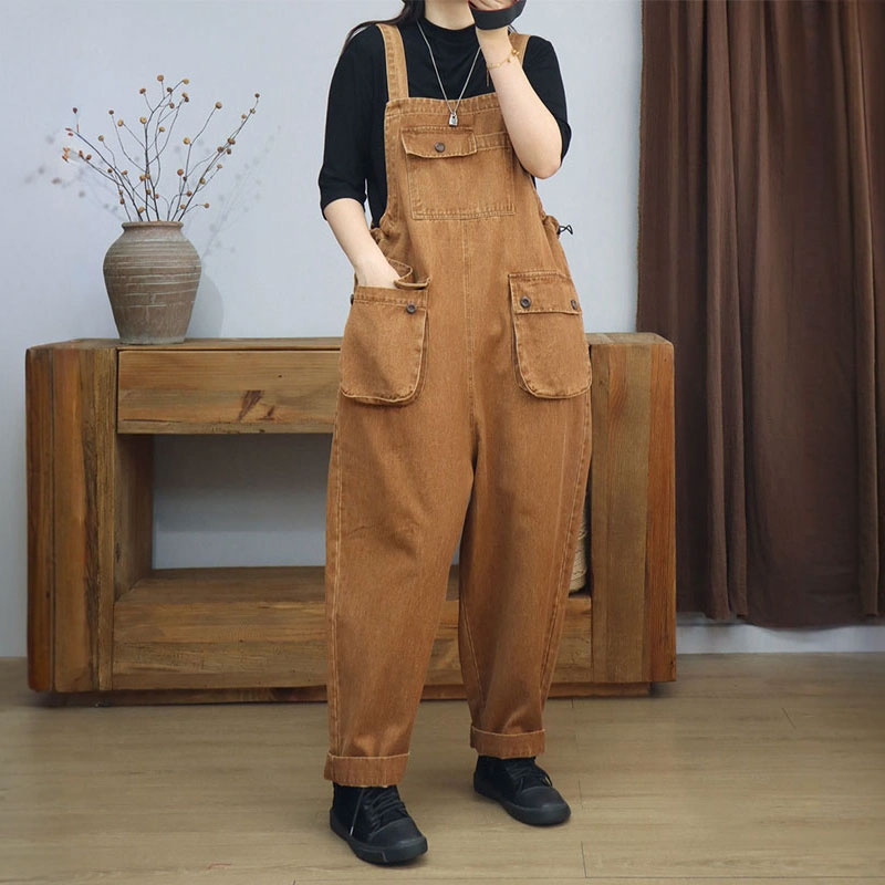 Casual Versatile Farm Overalls for Women in Camel Black Coral One Size ...